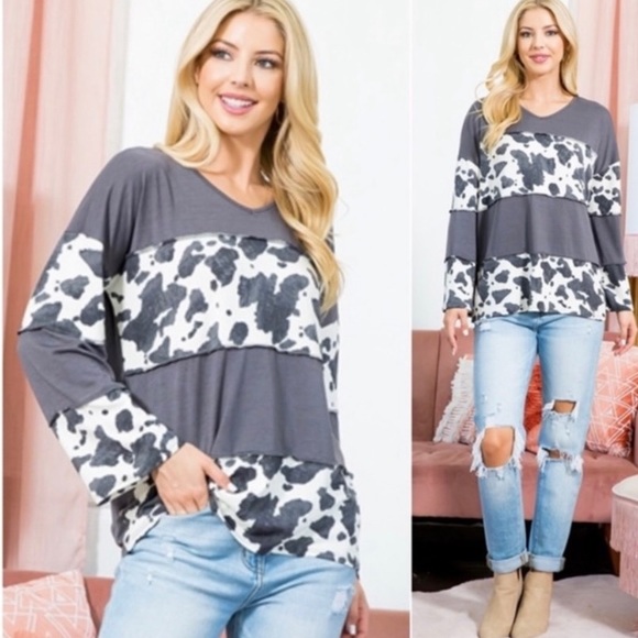 Tops | Cow Print Colorblock Top | Poshmark